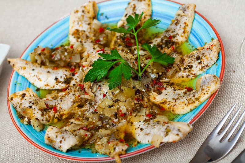 Spicy Salted Herring Fillets Stock Photo - Image of vegetables, salted ...