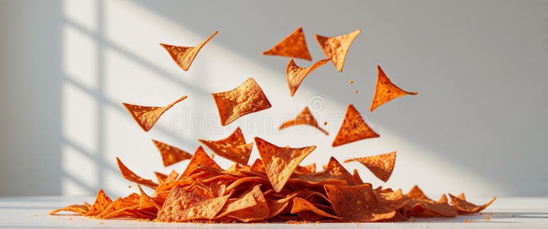 Delicious Spicy Tortilla Chips Falling and Landing on a White Surface ...