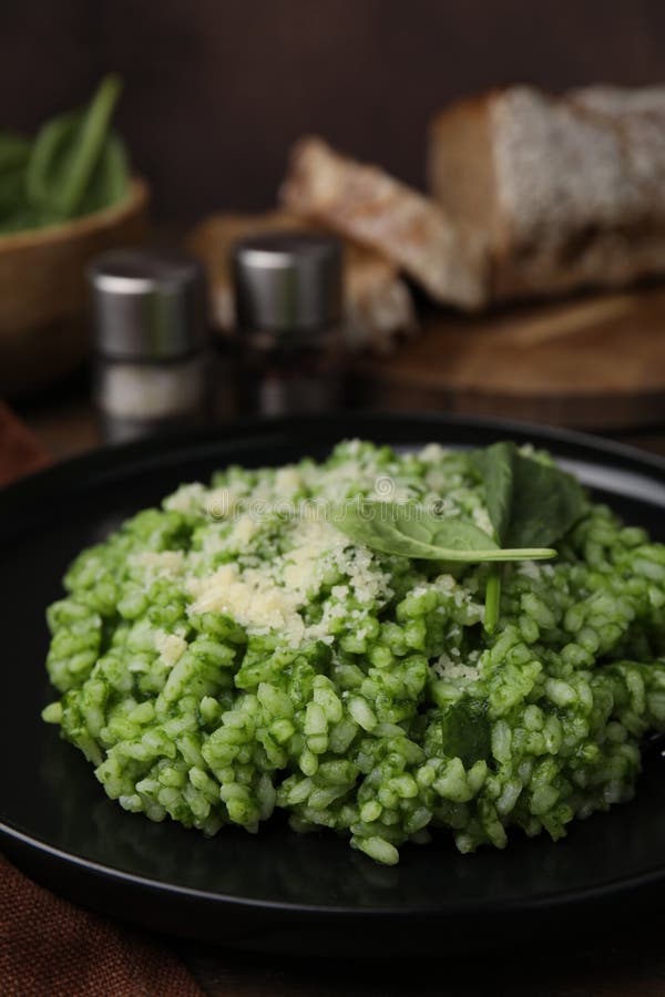 Delicious Spinach Risotto Parmesan Cheese Served Table Closeup Stock ...