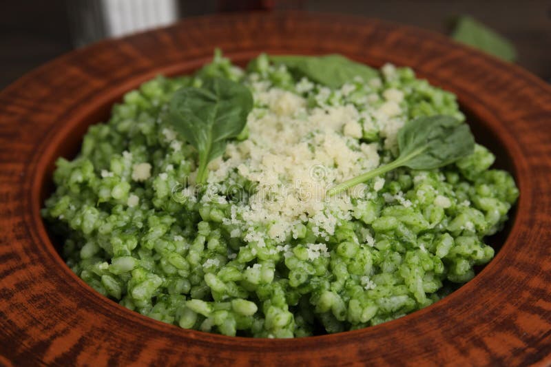 Delicious Spinach Risotto Parmesan Cheese Table Closeup Stock Photos ...