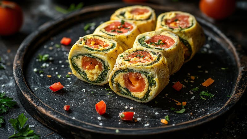 Delicious Spinach and Salmon Egg Rolls on Dark Plate, Close-up Stock ...