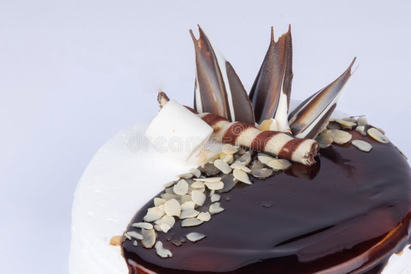 Delicious Sponge Cake with Dark Chocolate Icing on a White Background ...