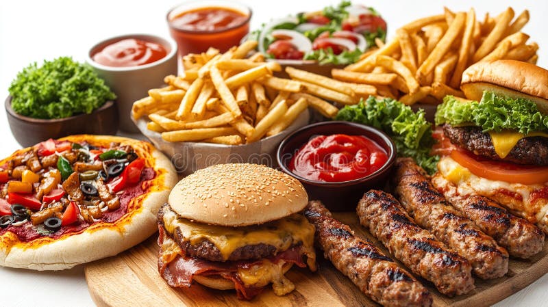 A Delicious Spread of Fast Food Burgers, Fries, Pizza, and Sausages ...