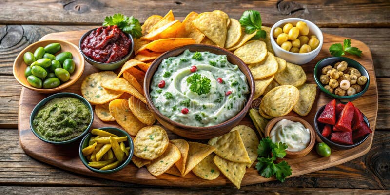 A Delicious Spread of Savory Dips, Crispy Chips, and Assorted Snacks on a Rustic Wooden Board ...