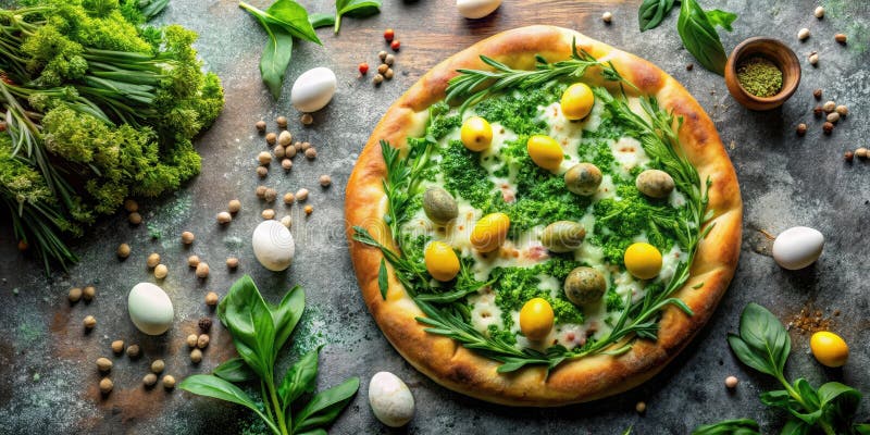 Delicious Spring Pizza with Herbs and Colorful Eggs. Generative AI ...
