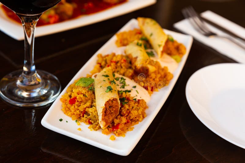 Delicious Spring Roll from Moroccan, Harissa and Couscous Stock Image ...