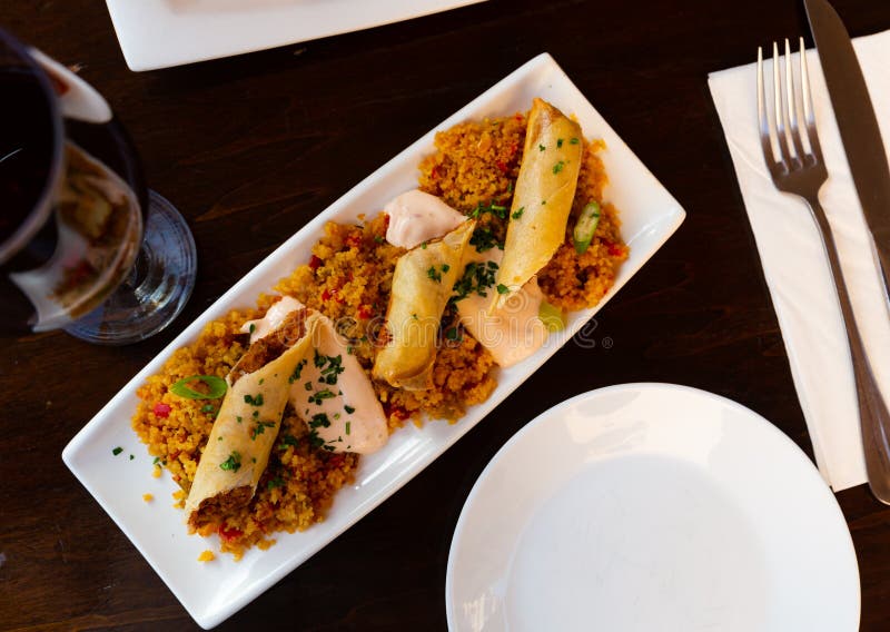 Delicious Spring Roll from Moroccan, Harissa and Couscous Stock Image ...