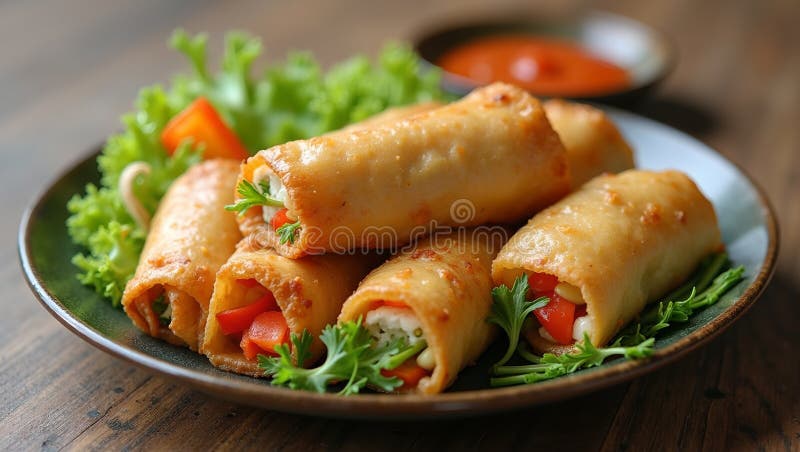 Delicious Spring Rolls with Crispy Veggies Sweet Chili Sauce Dip Stock ...