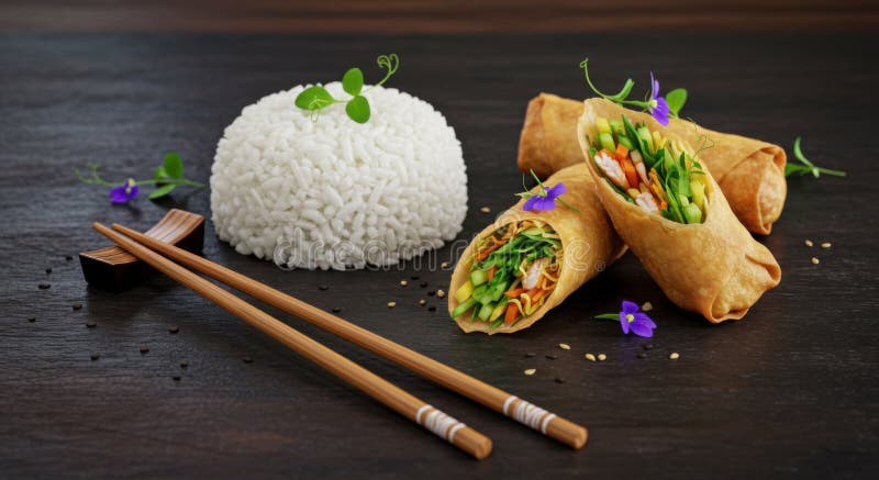 Delicious Spring Rolls and Rice Dish Presentation (Generative AI) Stock ...