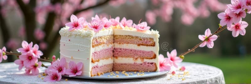 Delicious Springtime Sakura Cake with White and Pink Layers on Outdoor ...
