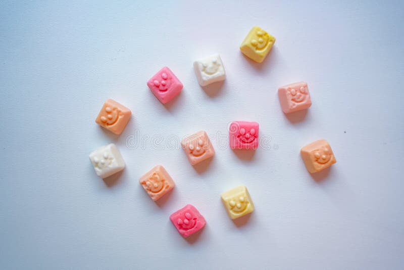 Delicious Square Bright Candy with Smile on White Background Editorial ...