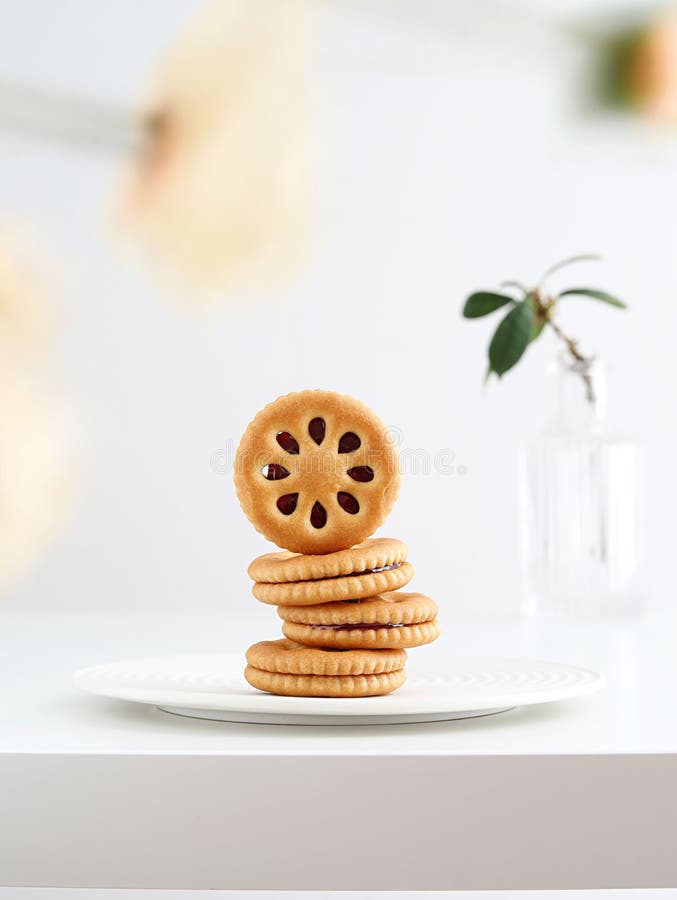 Delicious Stack of Cookies Placed on a White Plate Atop a Table Stock ...