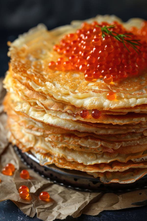 Delicious Stack of Crepes with Red Caviar Topping and Fresh Herbs on ...