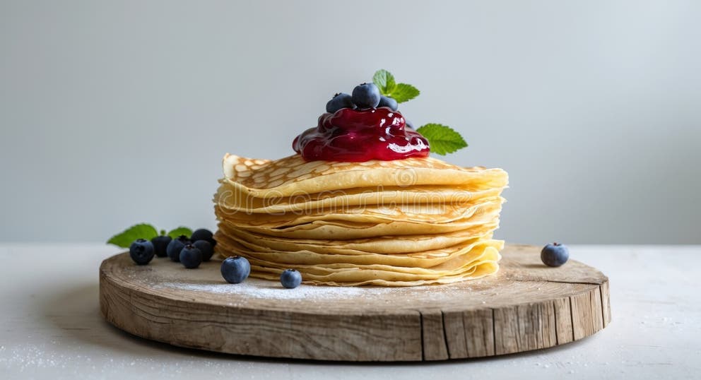 Delicious Stack of Crepes Topped with Berries and Jam on Rustic Board ...