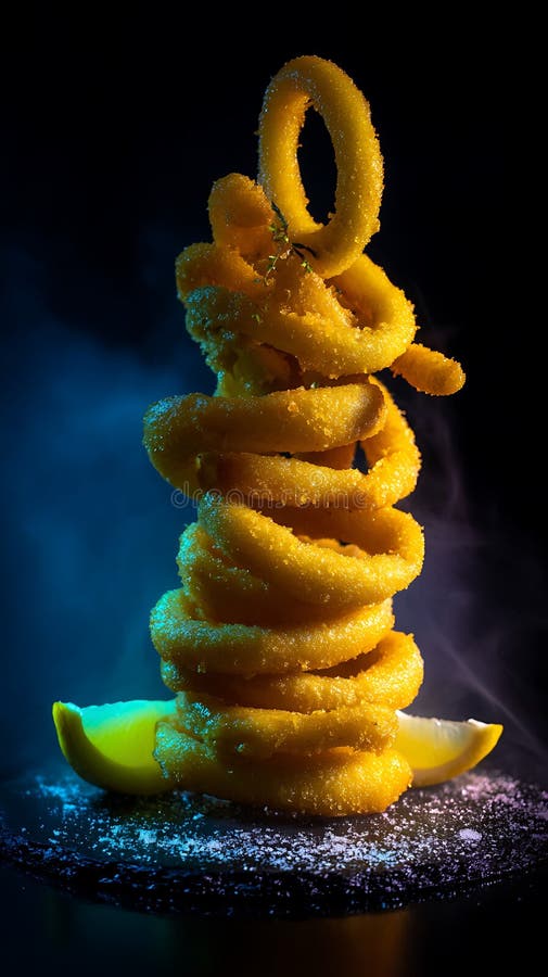 A Delicious Stack of Crispy Onion Rings with Lemon Garnish Stock ...