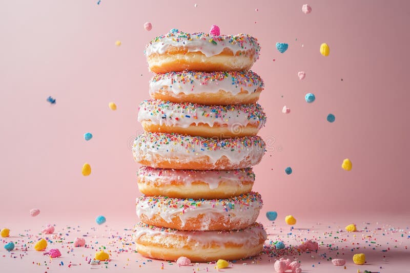 Delicious Stack of Donuts with Colorful Sprinkles Falling on Pink ...