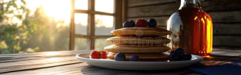 Fluffy Pancakes Topped with Maple Syrup and Fresh Berries at Sunrise ...