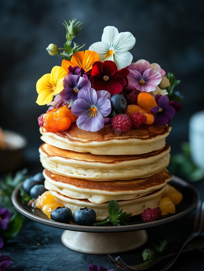 Delicious Stack of Fluffy Pancakes Topped with Fresh Fruit and Edible ...