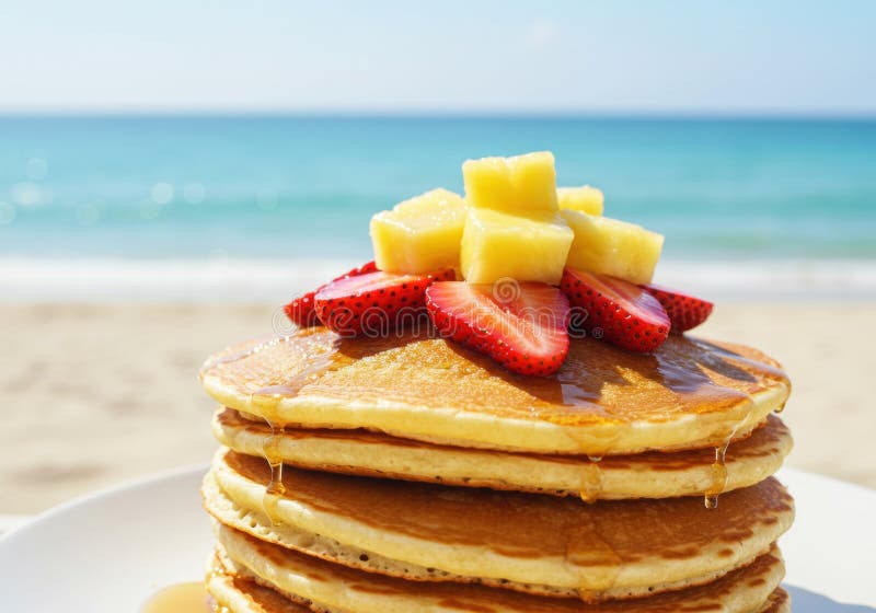 Delicious Stack of Pancakes with Fresh Fruit by the Beach Stock Image ...