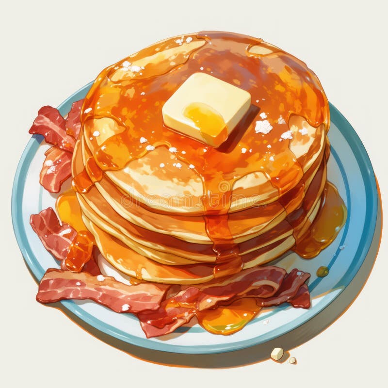 Delicious Stack of Pancakes with Syrup, Butter, and Bacon Illustration ...