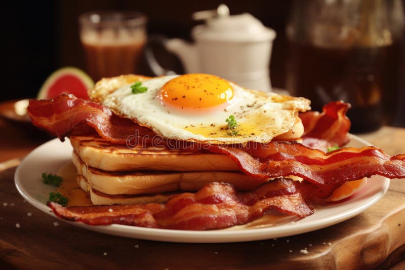 Delicious Stack of Pancakes Topped with Crispy Bacon and a Fried Egg ...