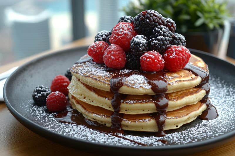 Delicious Stack of Pancakes Topped with Fresh Berries and Chocolate ...