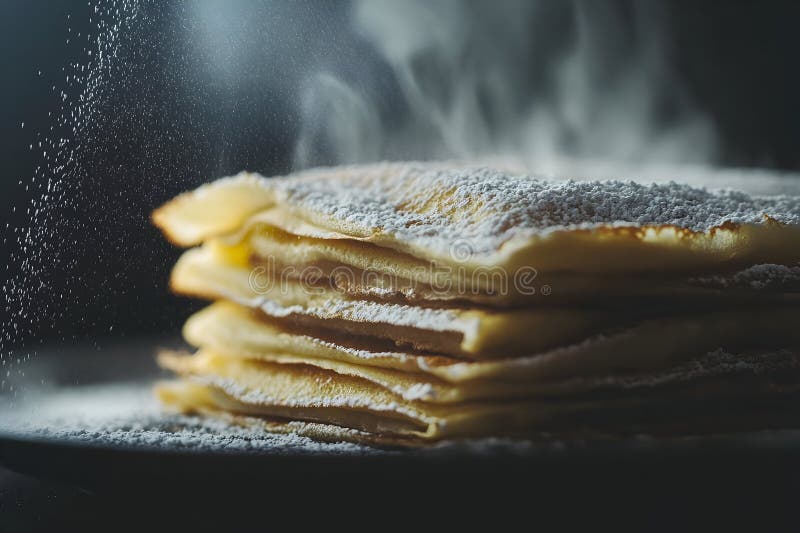 Delicious Stack of Steaming Crepes with Powdered Sugar Dusting Stock ...