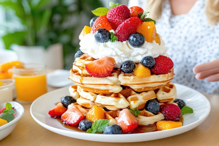Delicious Stack of Waffles with Fresh Berries and Cream Drizzled with ...