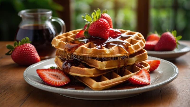 A Delicious Stack of Waffles Topped with Strawberries and Syrup, Served ...