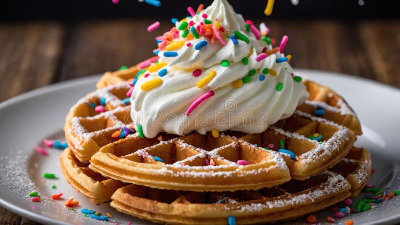 A Delicious Stack of Waffles Topped with Whipped Cream and Colorful Sprinkles Stock Illustration ...