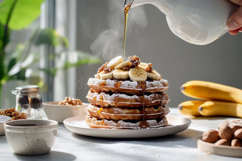 Delicious Stacked Waffles Topped with Bananas and Nuts in Bright ...