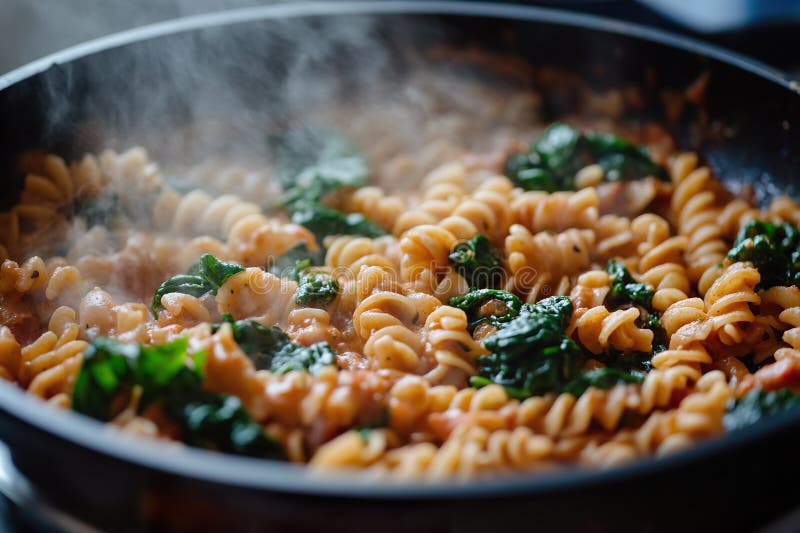 Delicious Steaming Fusilli Pasta with Fresh Spinach in a Pan Stock ...