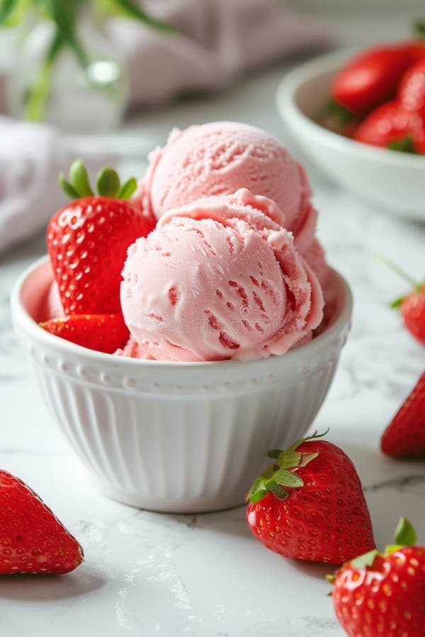 Delicious Strawberry Ice Cream in a White Plate with a Berry Stock ...