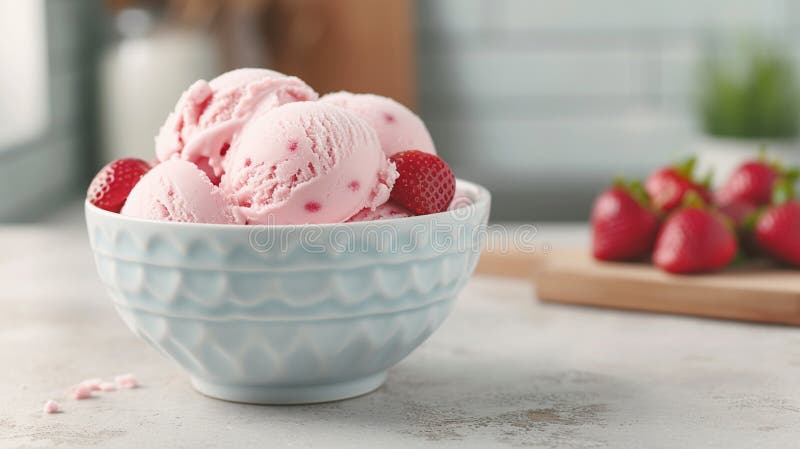 Delicious Strawberry Ice Cream in a White Plate with a Berry Stock ...
