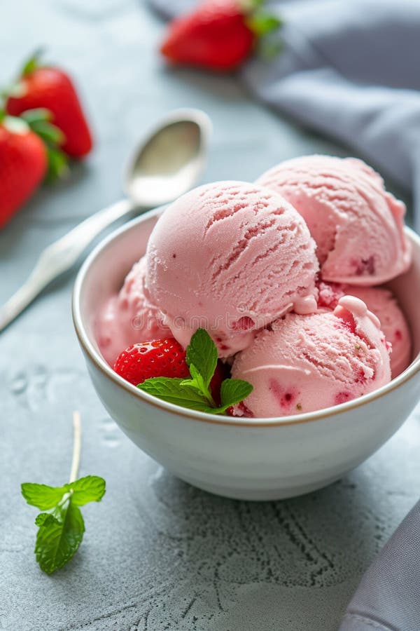 Delicious Strawberry Ice Cream in a White Plate with a Berry Stock ...