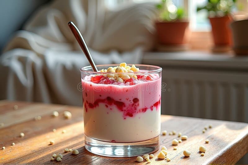 Delicious Strawberry Yogurt Parfait with White Chocolate in Sunlit Room ...