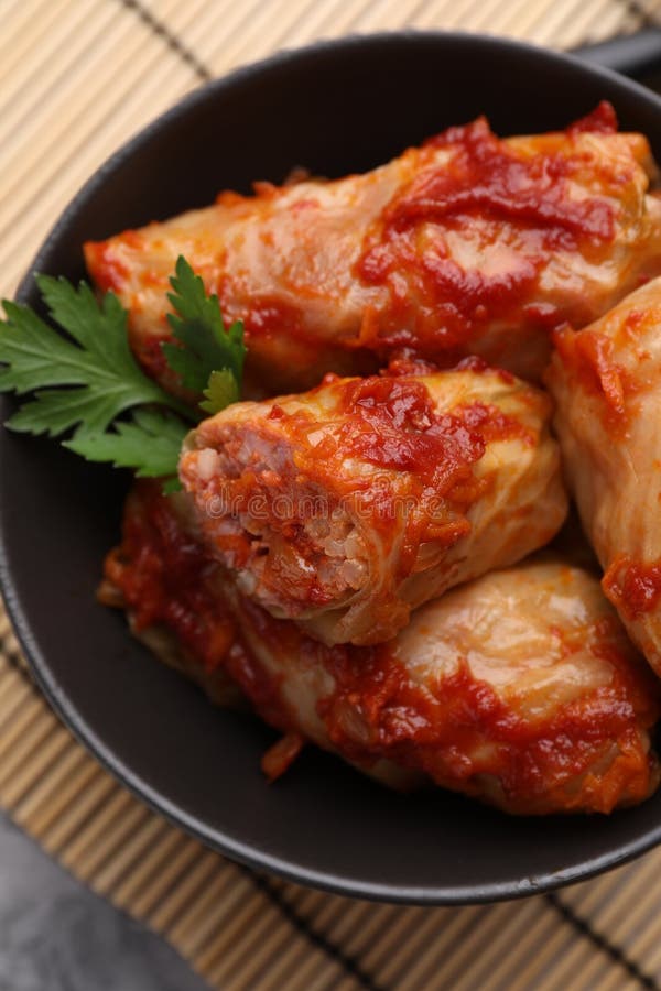 Delicious Stuffed Cabbage Rolls Cooked with Tomato Sauce on Table, Top ...
