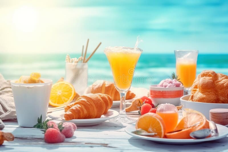 Delicious Summer Breakfast on Amazing Tropical Beach. Created with ...