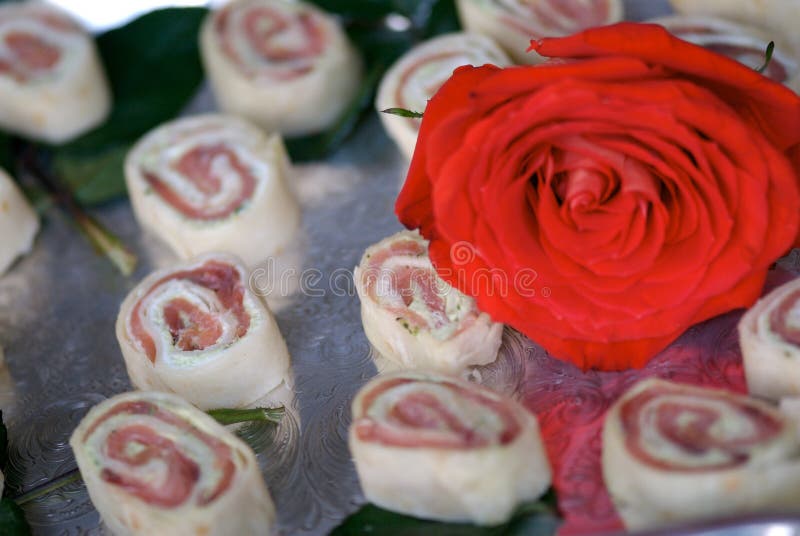 Delicious Sushi Appetizers With Red Rose Picture. Image: 3790018