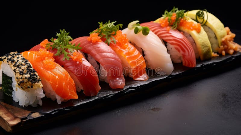 Delicious Sushi Nigiri Assortment on Tray Stock Illustration ...