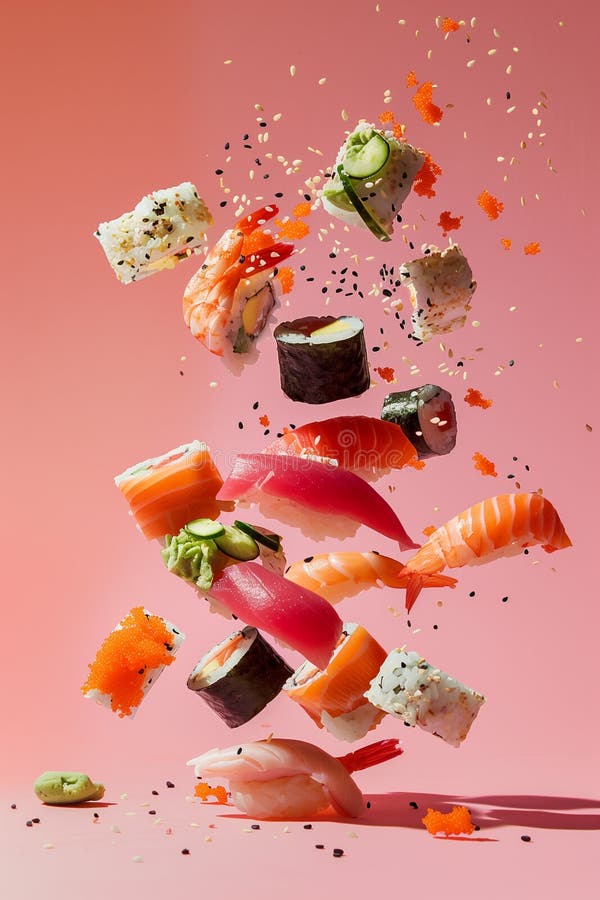 Delicious Sushi Pieces Falling Gracefully Against a Solid Color ...