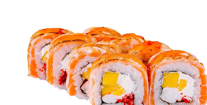 Sushi Rolls with Salmon and Mango Covered with Sauce on White ...