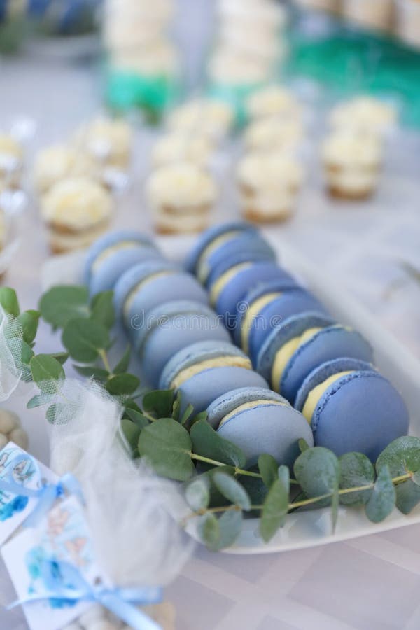 Delicious Sweet Blue Macarons Served on Table Stock Photo - Image of ...