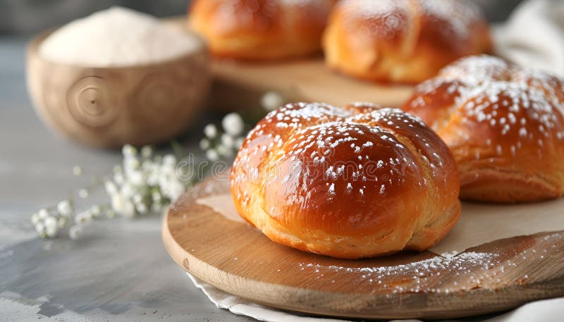Delicious Sweet Bun on Table, Closeup. Space for Text Stock Photo ...
