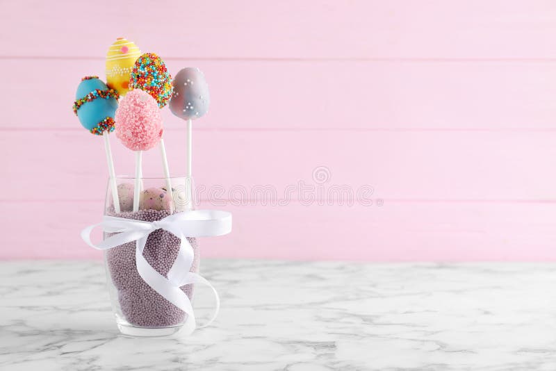Delicious Sweet Cake Pops on Table, Space for Text. Easter Holiday ...