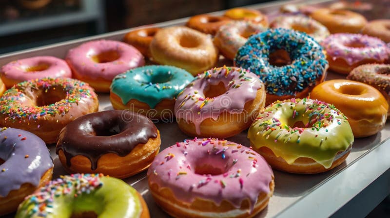 Delicious Sweet Colorful Donuts Lie on Display Case Stock Illustration ...