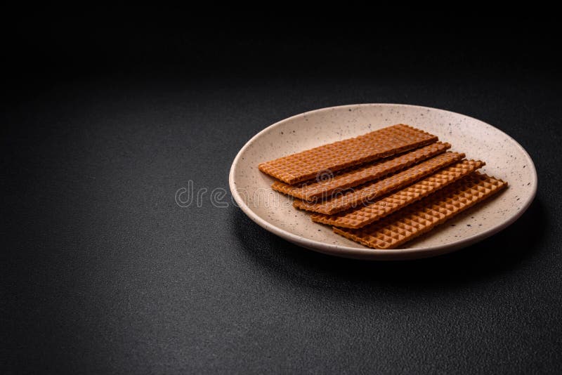 Delicious Sweet Crispy Rectangular Waffles on a Ceramic Plate Stock ...
