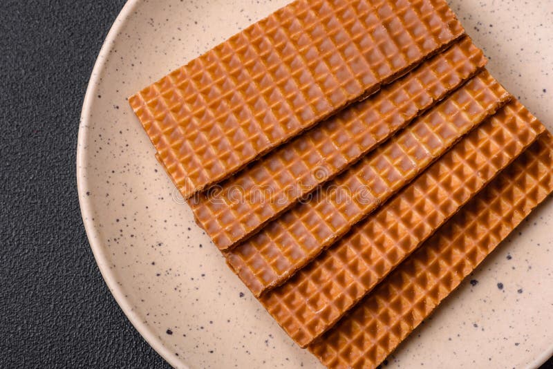 Delicious Sweet Crispy Rectangular Waffles on a Ceramic Plate Stock ...
