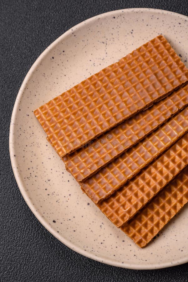 Delicious Sweet Crispy Rectangular Waffles on a Ceramic Plate Stock ...