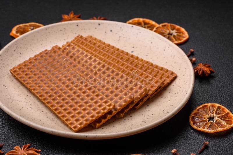 Delicious Sweet Crispy Rectangular Waffles on a Ceramic Plate Stock ...